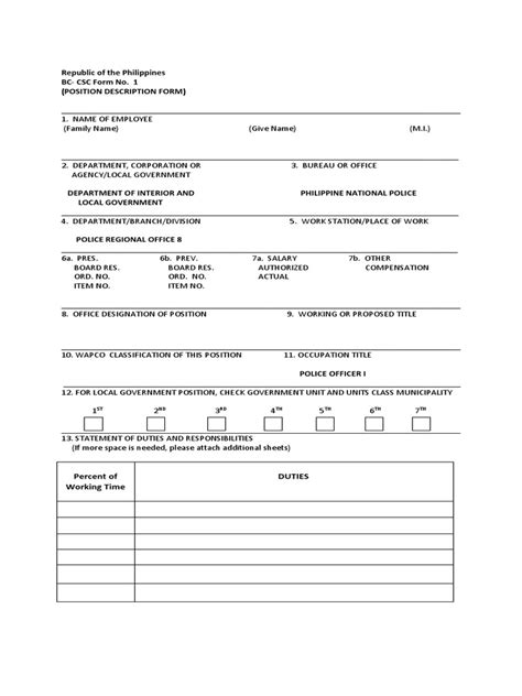 Republic Of The Philippines Bc Csc Form No 1 Position Description Form Pdf