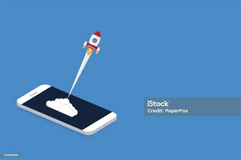 앱 실행 시작 벡터 개념 플랫 만화 로켓 또는 로켓 선박 발사 휴대 전화 또는 스마트 폰 성공적인 비즈니스 프로젝트 시작의 아이디어 기술 향상 혁신 0명에 대한 스톡 벡터