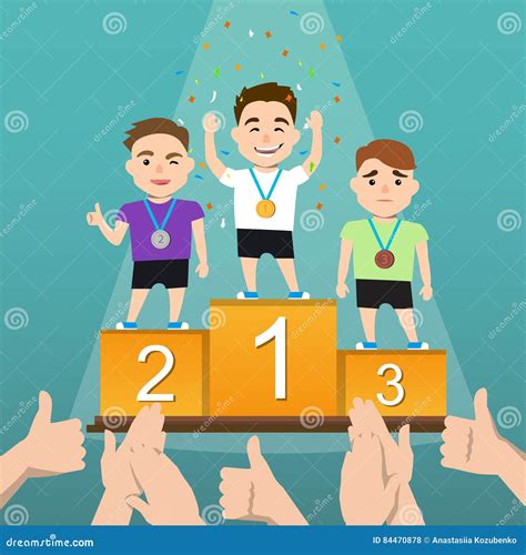 Three Athletes With Medals On A Pedestal Stock Vector Illustration