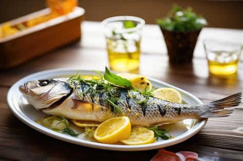 Premium Photo Whole Grilled Sea Bass With Lemon Slices And Herbs