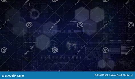 Image Of Hexagons Over Data Processing On Black Background Stock