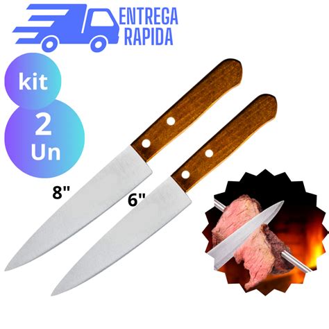 Kit 2 Faca De Cozinha Aço Inox Profissional 6 E 8 Polegadas Cabo Madeira 33 E 28 Cm Shopee Brasil