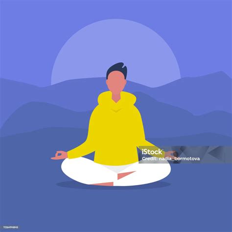 명상입니다 야외 요가입니다 하모니 고 휴식입니다 남성 캐릭터는 로터스 포즈에 앉아 진정 평면 편집 가능한 벡터 일러스트 클립