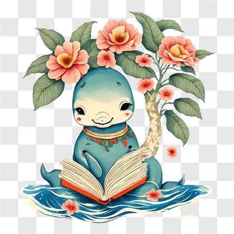 Download Blue Dolphin Reading Book With Flowers Pngs Online Creative