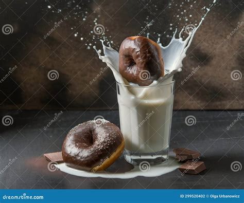 Donuts Covered With Dark Chocolate Falling Into A Glass Of Milk Milk