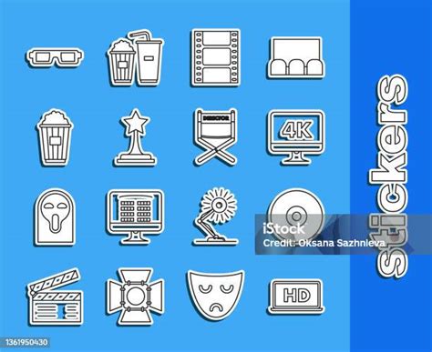 Hd 비디오 기술 Cd 또는 Dvd 디스크 컴퓨터 Pc 모니터 4k 비디오 재생 영화 트로피 골판지 상자에 팝콘 3d 시네마 안경 및 감독 영화 의자 아이콘세트 노트북 화면