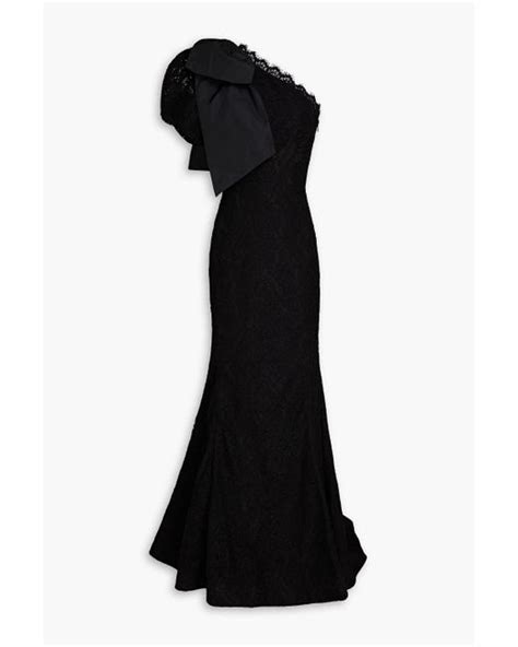 Rebecca Vallance One Shoulder Bow Embellished Corded Lace Gown In Black