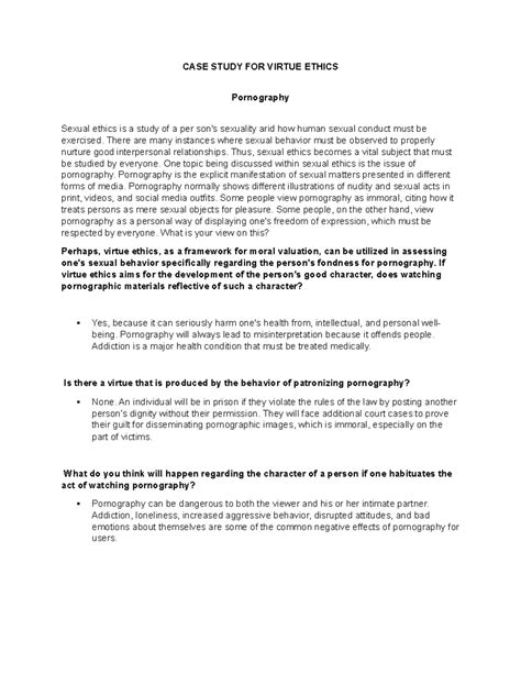 Seatwork List Of Assignment CASE STUDY FOR VIRTUE ETHICS Pornography Sexual Ethics Is A