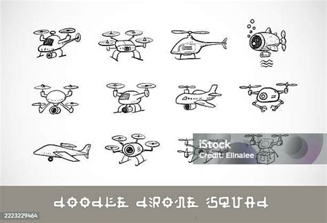 흰색 배경에 다양 한 드론의 어린아이 같은 거친 벡터 낙서 배달 수중 쿼드 콥터 헬리콥터 비행기 및 스파이 유형 Multicopter에 대한 스톡 벡터 아트 및 기타 이미지