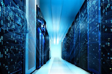 추상 가상 디지털 스트림 바이너리 코드와 데이터 센터에서 현대 데이터 센터 서버에 네온 빛나는 물결 흐르는 스토리지 클라우드 구조입니다 데이터 전송 또는 신호 전송 개념