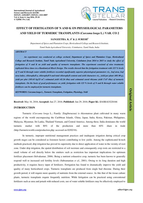 Pdf Effect Of Fertigation Of N And K On Physiological Parameters And Yield Of Turmeric