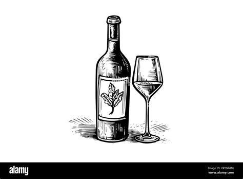 Wine Bottle And Glass Hand Drawn Engraving Sketch Style Vector