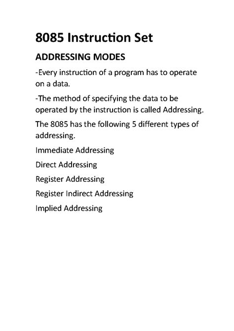 8085 Instruction Set 8085 Instruction Set Addressing Modes Every