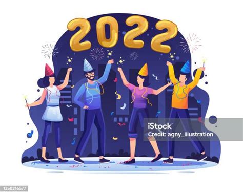 행복한 사람들은 새해 를 축하 2022 풍선 번호와 불꽃 놀이와 함께 재미있는 파티를하고 젊은 남자와 여자 플랫 벡터 일러스트레이션 2022년에 대한 스톡 벡터 아트 및