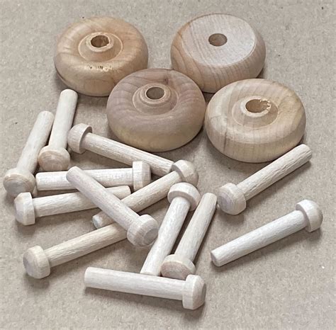 Pack Of 48 Mini Wooden Wheels And 50 Wooden Axle Pegs For Crafts Toys Cars Trains