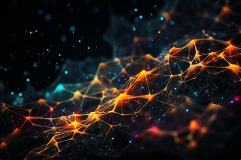 The illustration shows a glowing orange and blue neural network with ...
