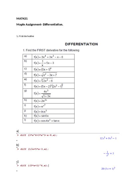 Maple Mat421 Assignments Using Maple Software First Derivative