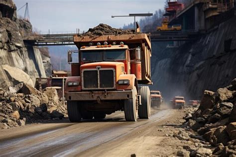 dump truck delivering materials to a bridge const premium ai