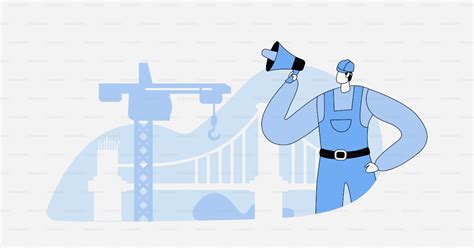 확성기를 가진 건축업자 또는 엔지니어는 건설 크레인으로 교량 건설 프로세스를 관리합니다 건설 기계가 있는 직원 감독 작업자 프로젝트 아키텍처 라인 아트 플랫 벡터