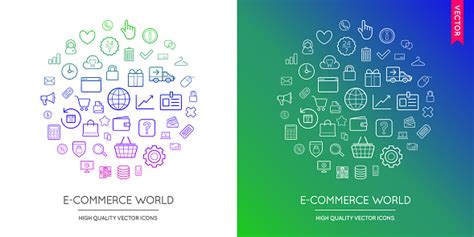 라운드 모양에 새겨진 전자 상거래 현대 평면 얇은 아이콘의 벡터 세트 개념에 대한 스톡 벡터 아트 및 기타 이미지 개념 구매 날씬한 Istock
