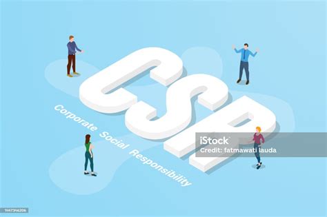 Csr 기업의 사회적 책임 큰 텍스트 단어와 현대적인 아이소메트릭 스타일로 주변 사람들 3차원 형태에 대한 스톡 벡터 아트 및