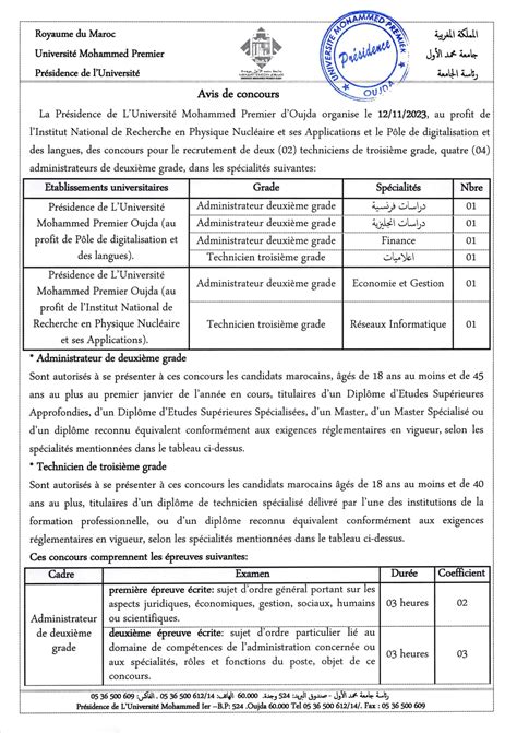 Concours Université Mohammed Premier Oujda 2023 6 Postes Men gov