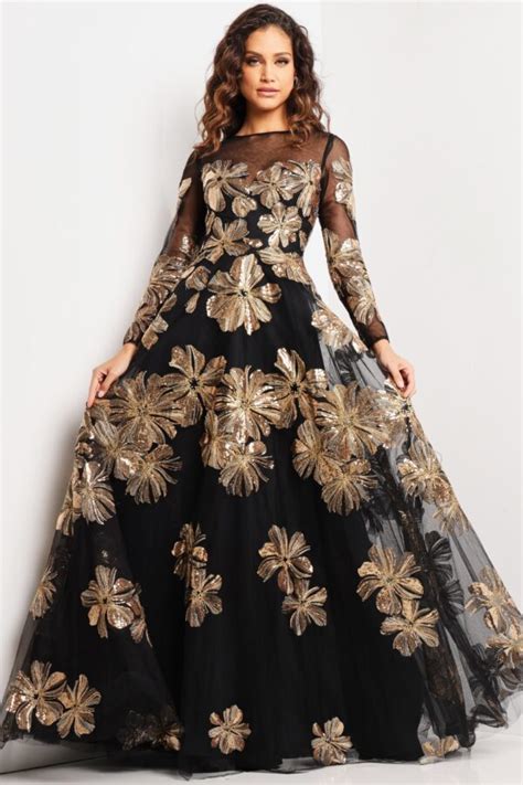 Black And Gold Long Sleeve Formal Dress 36716 Jovani