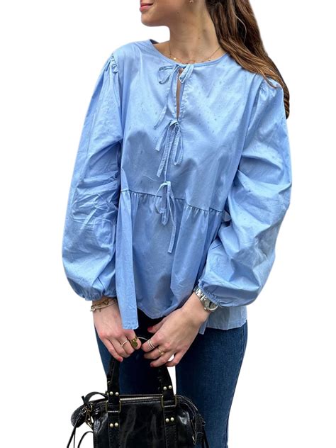 Sunwanar Women Y2k Puff Sleeve Peplum Shirts Bow Tie Front Blouse