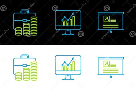 Set Line Board With Resume Briefcase And Coin And Computer Monitor Graph Chart Icon Vector