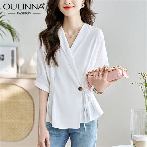Oulinna สายรัดเอวระดับไฮเอนด์และไม่ซ้ำใครคอวีสีทึบอเนกประสงค์และเสื้อเชิ้ตตัวเล็กสวยงามสไตล์ฤดู