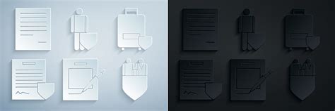 빈 노트북과 펜 여행 수하물 보험 방패 가족 생명 및 문서 아이콘과의 계약 설정 벡터 3차원 형태에 대한 스톡 벡터 아트 및 기타 이미지 Istock