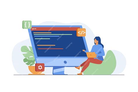 Free Vector Young Tiny Girl Sitting And Coding Via Laptop Computer
