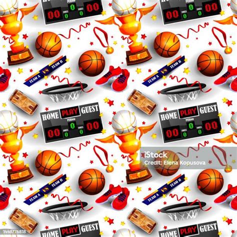 만화 스타일의 팀 경쟁 스포츠 및 승리의 원활한 배경 격리된 흰색 배경에 농구 용품 및 스포츠 장비 1위에 대한 스톡 벡터 아트 및 기타 이미지 Istock