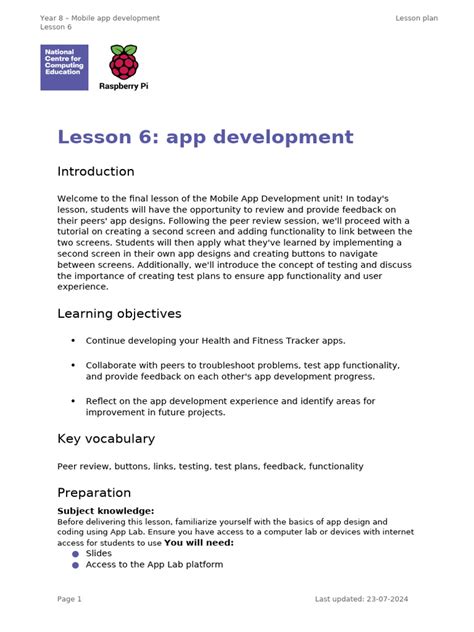 L6 Lesson Plan Mobile App Development Y8 Pdf Usability Computing