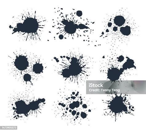 검은 페인트가 떨어집니다 잉크가 튀고 얼룩 추상적 인 잉크 튄 자국 잉크 그런 지 물방울 실루엣 평면 벡터 일러스트 레이 션 컬렉션 쓰기 개체 그룹에 대한 스톡 벡터 아트