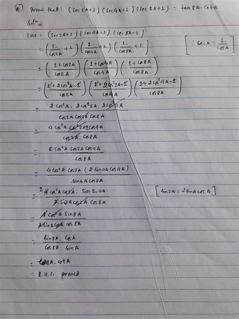 Prove That Sec 2A 1 Sec 4A 1 Sec 8A 1 Tan8A CotA S E E Solution