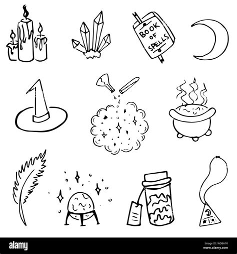 Halloween Witchcraft Elements Retro Vintage Doodle Set Vector Sketch