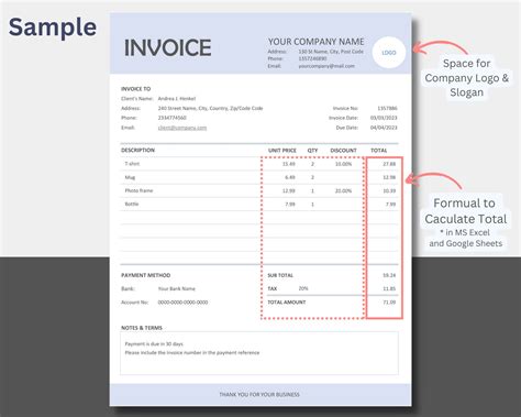 Editable Invoice Template Auto Calculation PDF MS Word MS Excel Google Docs Google
