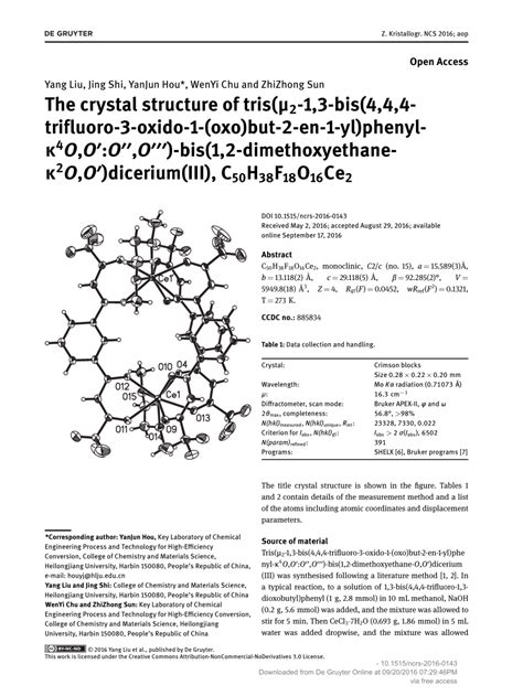 Pdf The Crystal Structure Of Tris μ2 1 3 Bis 4 4 4 Trifluoro 3 Oxido