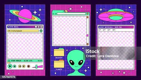 선형 증기파 인스 타 그램 스토리 템플릿 소셜 미디어 세트 디자인 추상 복고풍의 미적 그루비 배경팩 80 년대 90 년대 스타일 외계인 우주선 벡터 개체 및 디자인 요소의