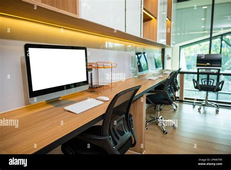 Workspace Desk Computer Desktop Blank Screen In Front Of Window In