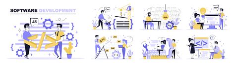 플랫 웹 디자인에 설정된 소프트웨어 개발 개념입니다 컴퓨터 언어로 프로그래밍하고 코딩하는 사람들과 함께 컬렉션 앱 스크립트로 작업합니다 흰색 배경에 고립 된 평면 벡터