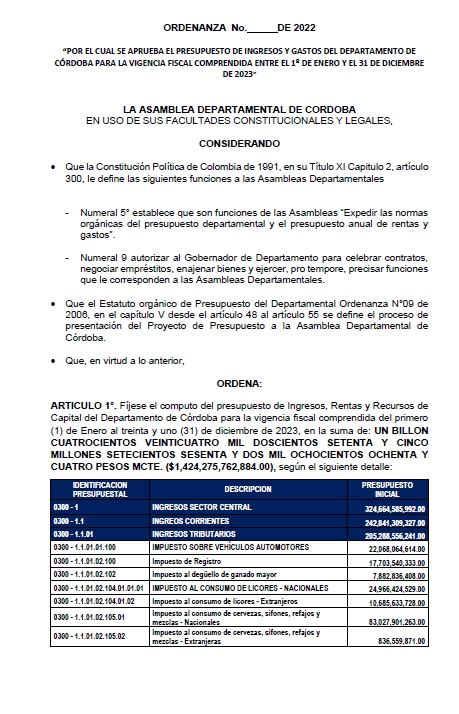 Proyecto de ordenanza que se encuentra radicado en secretaría general