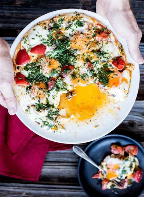 Easy Baked Eggs With Tomato Bacon And Herbs Pantsdownapronson