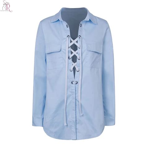 Women Blouse Shirt Blue Lace Up Deep V Neck Sexy Casual Turn Down