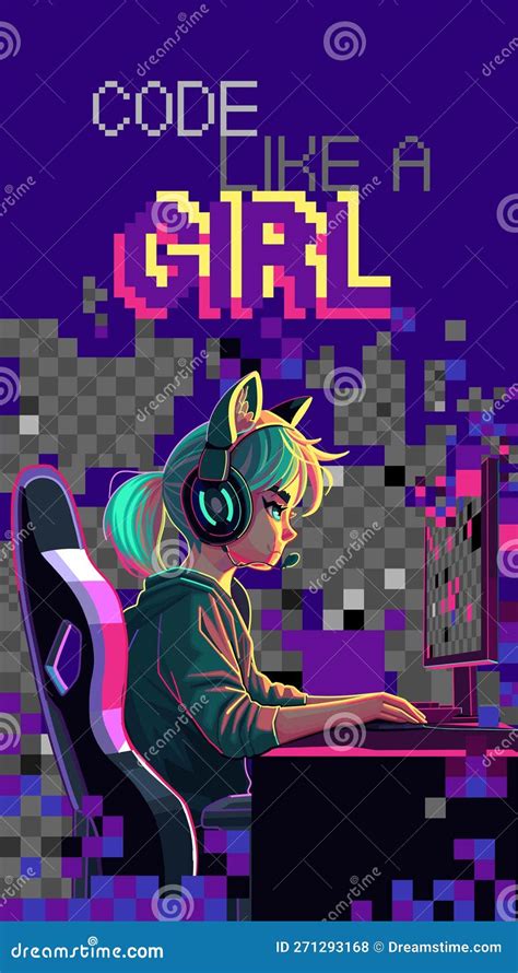 Girl Programmer With A Headset Sits In Front Of A Computer Stock Vector