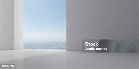 태양 빛이있는 콘크리트 인테리어의 추상적 인 바닥에 그림자를 드리운다 기하학적 구조 디자인 도시 전망 배경에 박물관 공간 잔인한 건축의 관점 3d 렌더링 건축에 대한 스톡