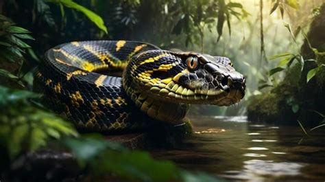 Premium Ai Image Giant Anaconda Yellow Eyes Stalking Prey
