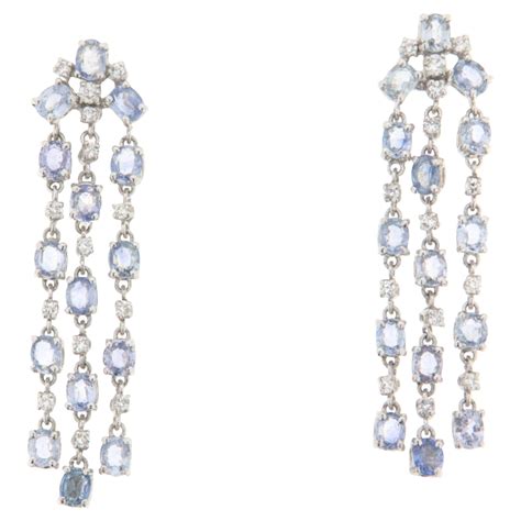 Blue Sapphires Diamonds 18 Karat White Gold Dangle Earrings For Sale