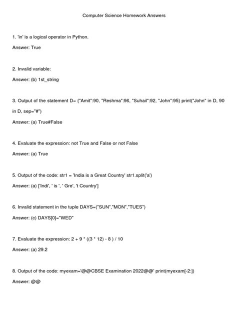 Computer Science Homework Answers Pdf Teaching Methods And Materials